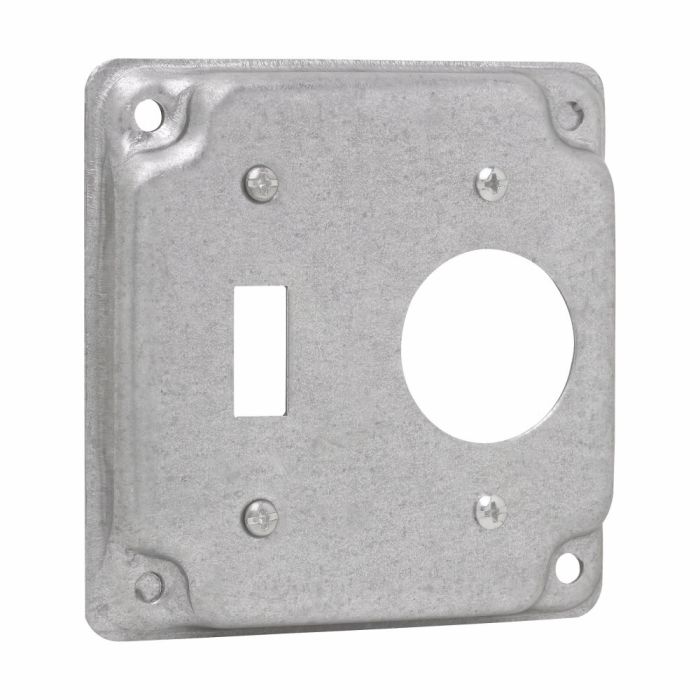 4" Square Cover, 1 Toggle, 1 Single Receptacle, 1/2" Raised, Metallic